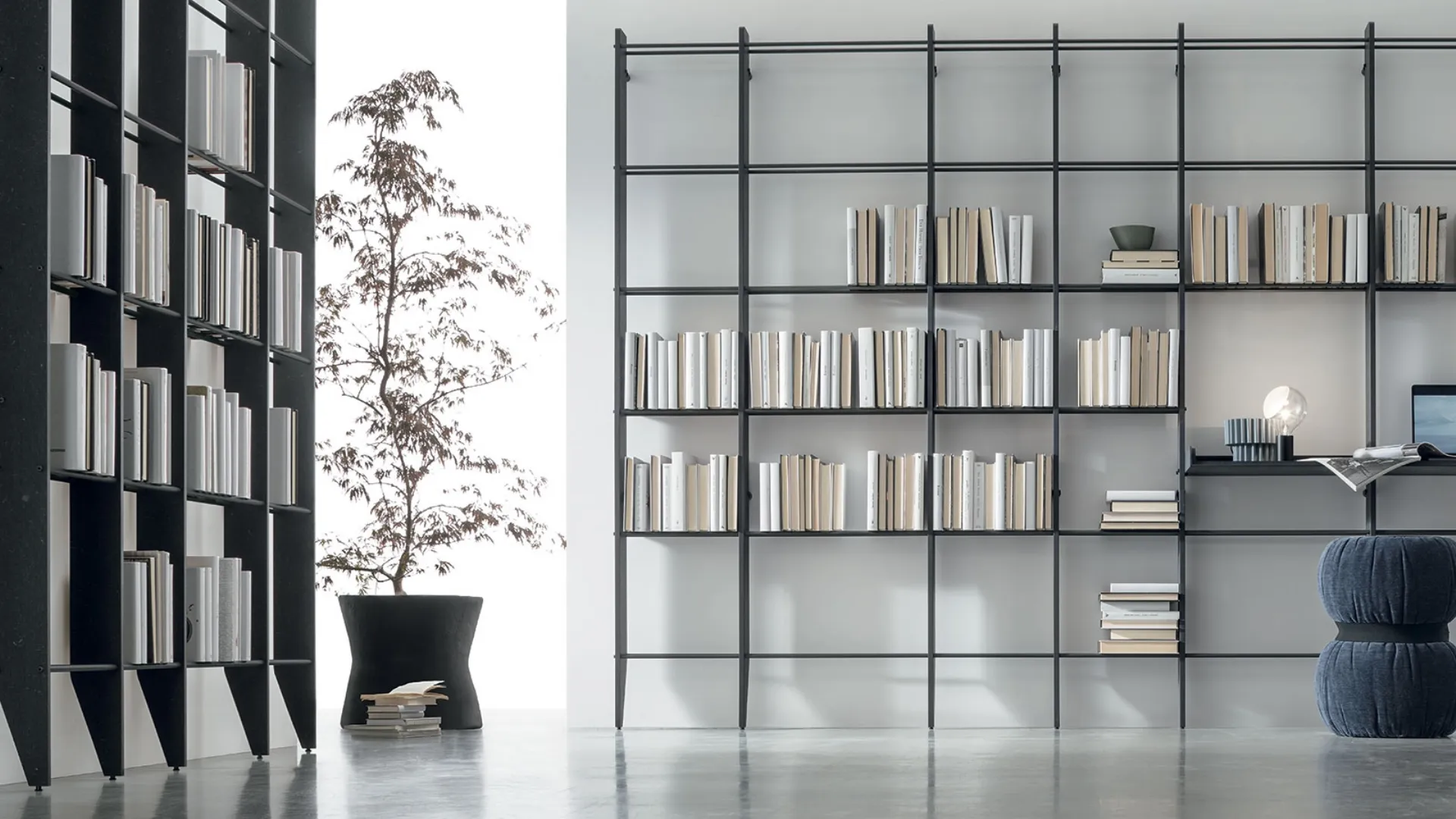 TIME UNIT TI 122 bookcase in black veined CDF and metal tubes by Tomasella